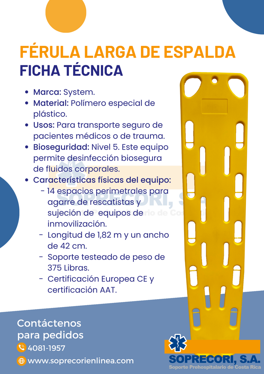 Férula Larga de Espalda en plástico - Camilla - – SOPRECORI en línea